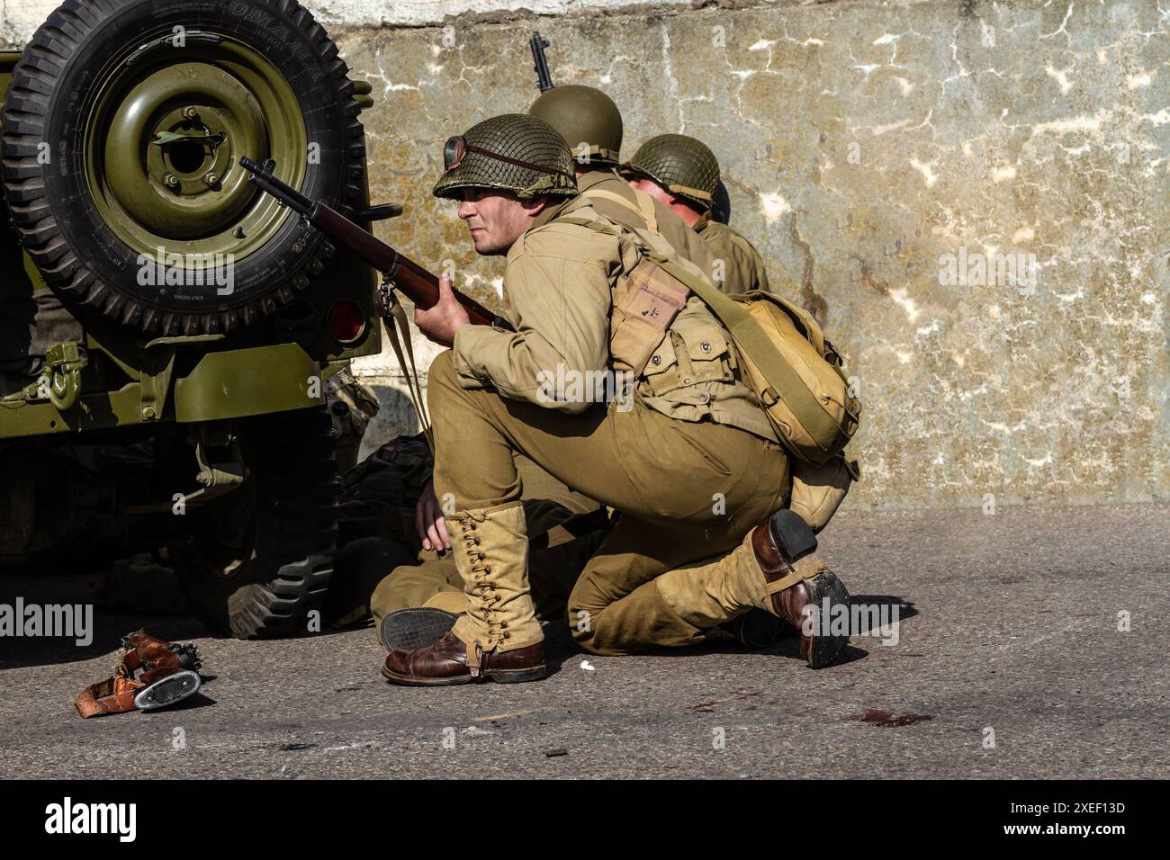 Historical reconstruction. An American infantry soldiers from the World ...