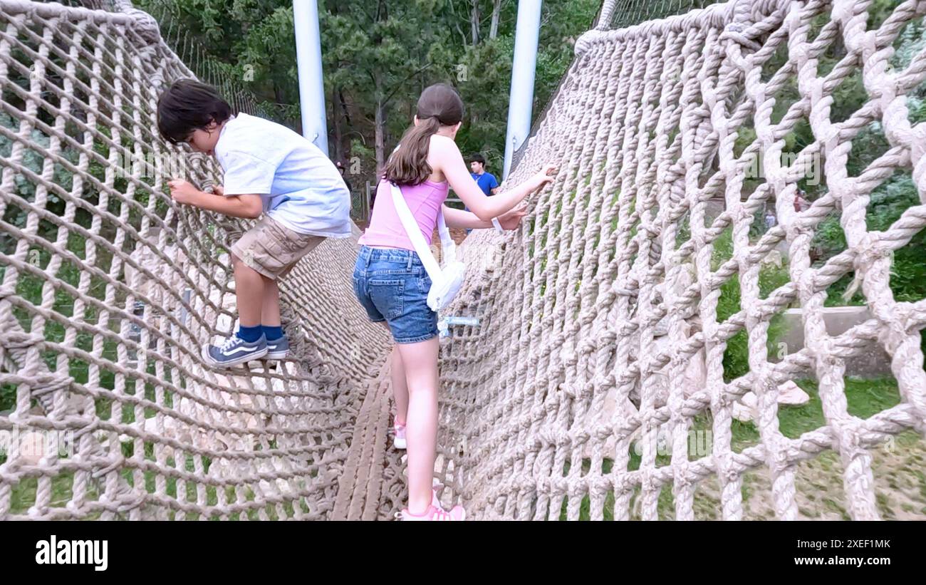 Kids Crossing Rope Bridge at Zoo Adventure Park Stock Photo - Alamy