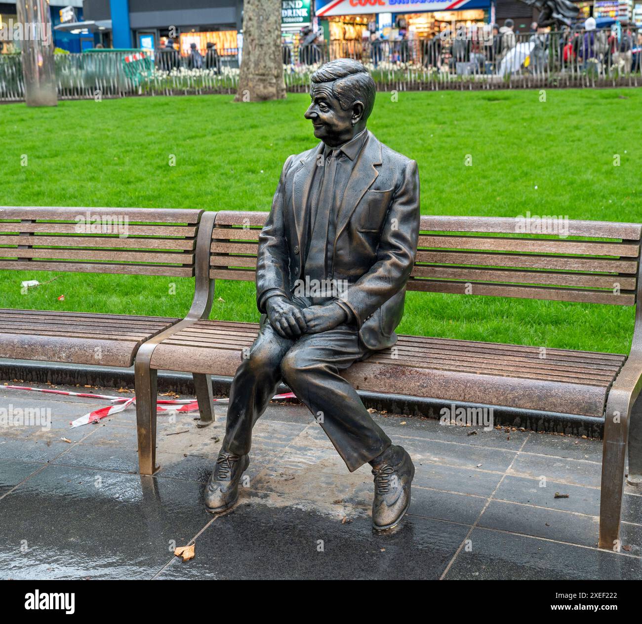 London, UK - March 22, 2024 : Statue of Mr Bean sitting on a bench ...