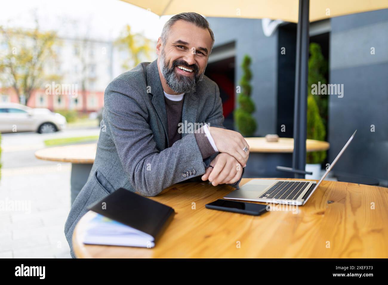 Portrait of a mature adult male lawyer with gray hair and beard sitting ...