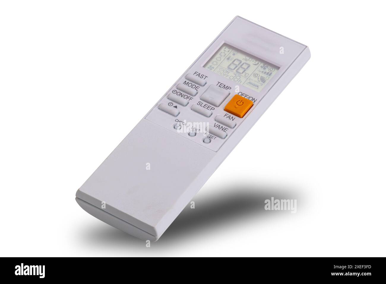 View of white plastic air conditioner remote control isolated on white ...