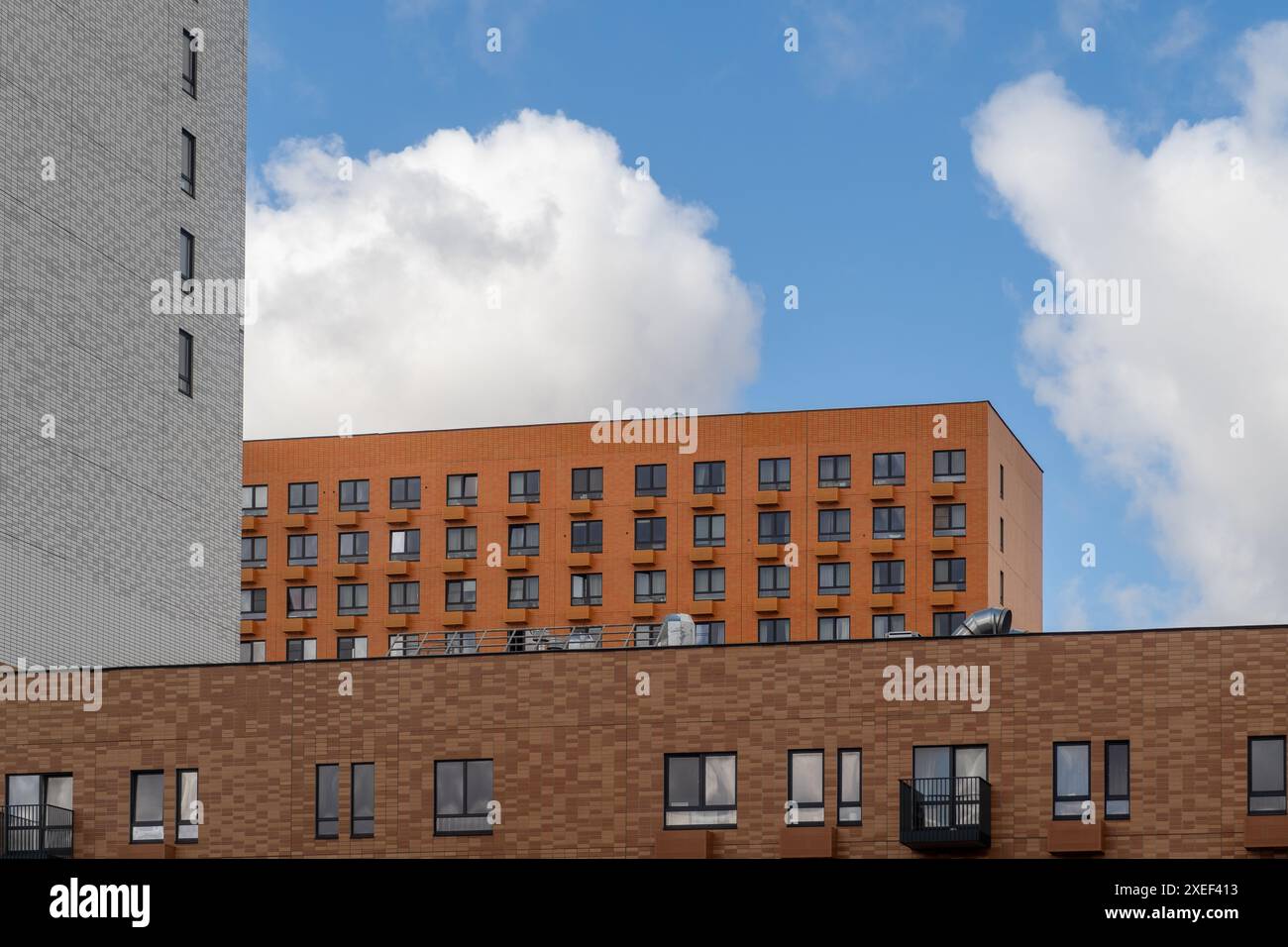 New buildings in Moscow, high-rise bright creative house and against ...