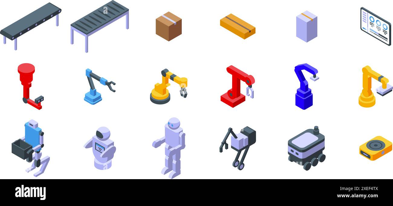 Robot conveyor belt icons set. Robot manufacturing process with conveyor belt and robotic arms ...