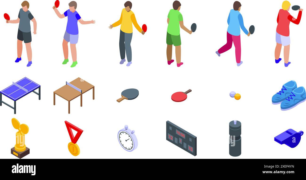 Ping pong tournament icons set. Athletes playing ping pong isometric ...