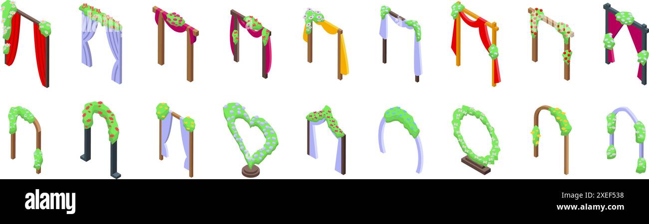 Romantic wedding arch icons set. Wedding ceremony arch set with floral ...