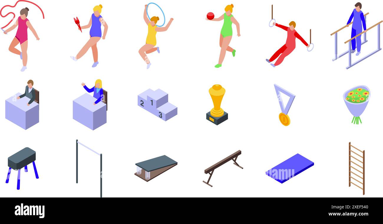 Artistic gymnast performance icons set. Gymnasts performing rhythmic ...