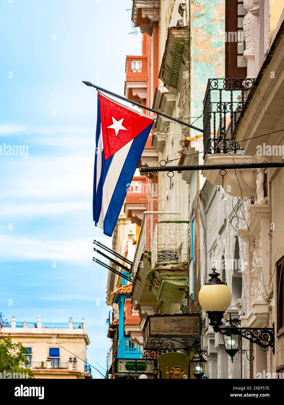 In the historic streets of Havana Old Town, a low-angle portrait view ...