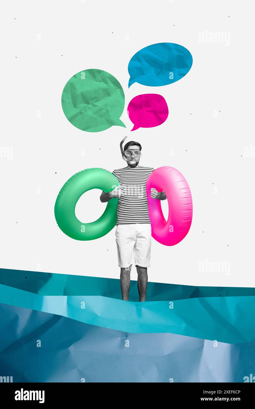 Vertical collage young man lifeguard swim circle buoy rescuer colorful ...
