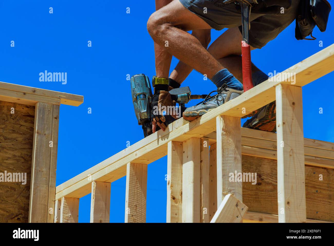 Working with an air nail hammer, framing contractor nails wooden beams ...