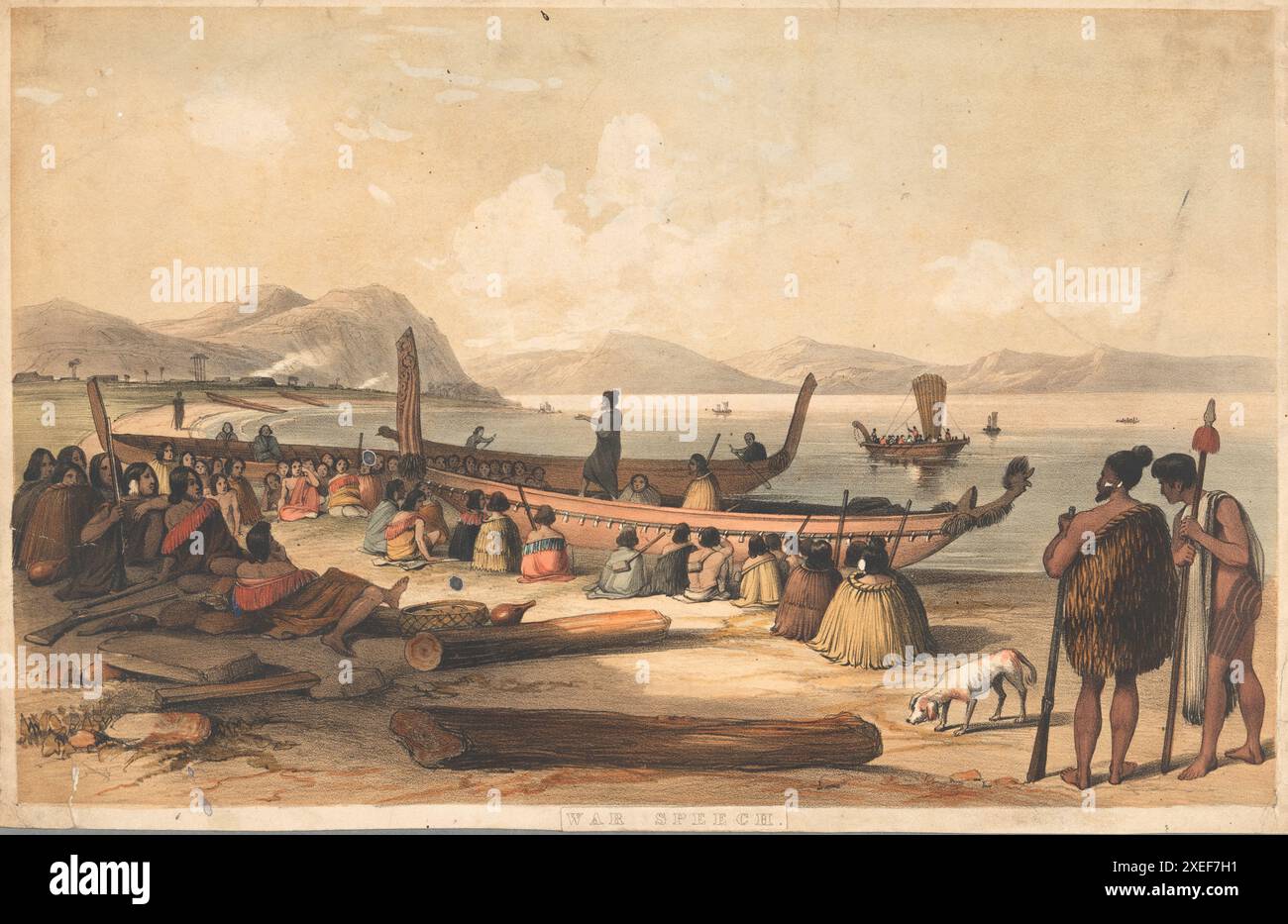 Maori War Speech.. Vintage historical litho by Augustus Earle, 1838 ...