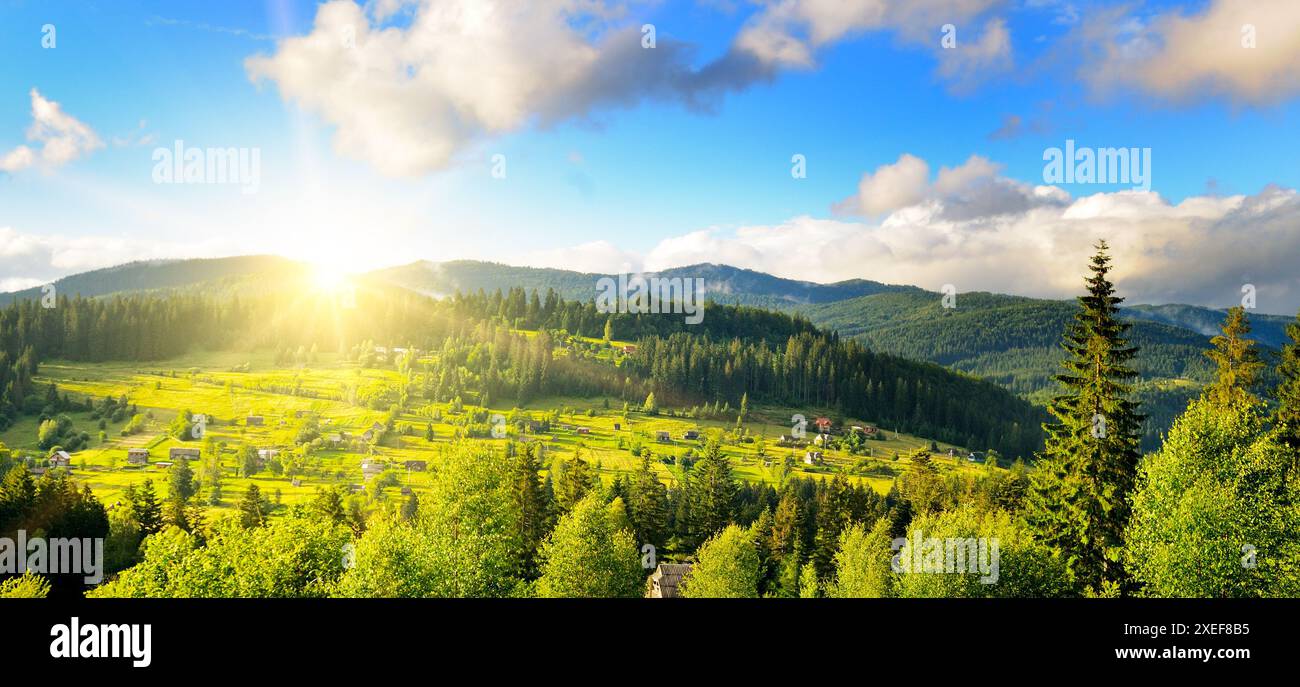 Beautiful mountain landscape with vast meadows and forest areas. Summer ...