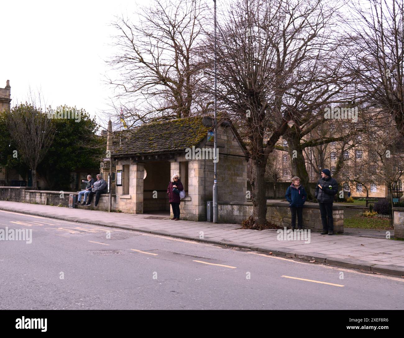 Bus stop village road wait waiting person lady tree trees town City ...