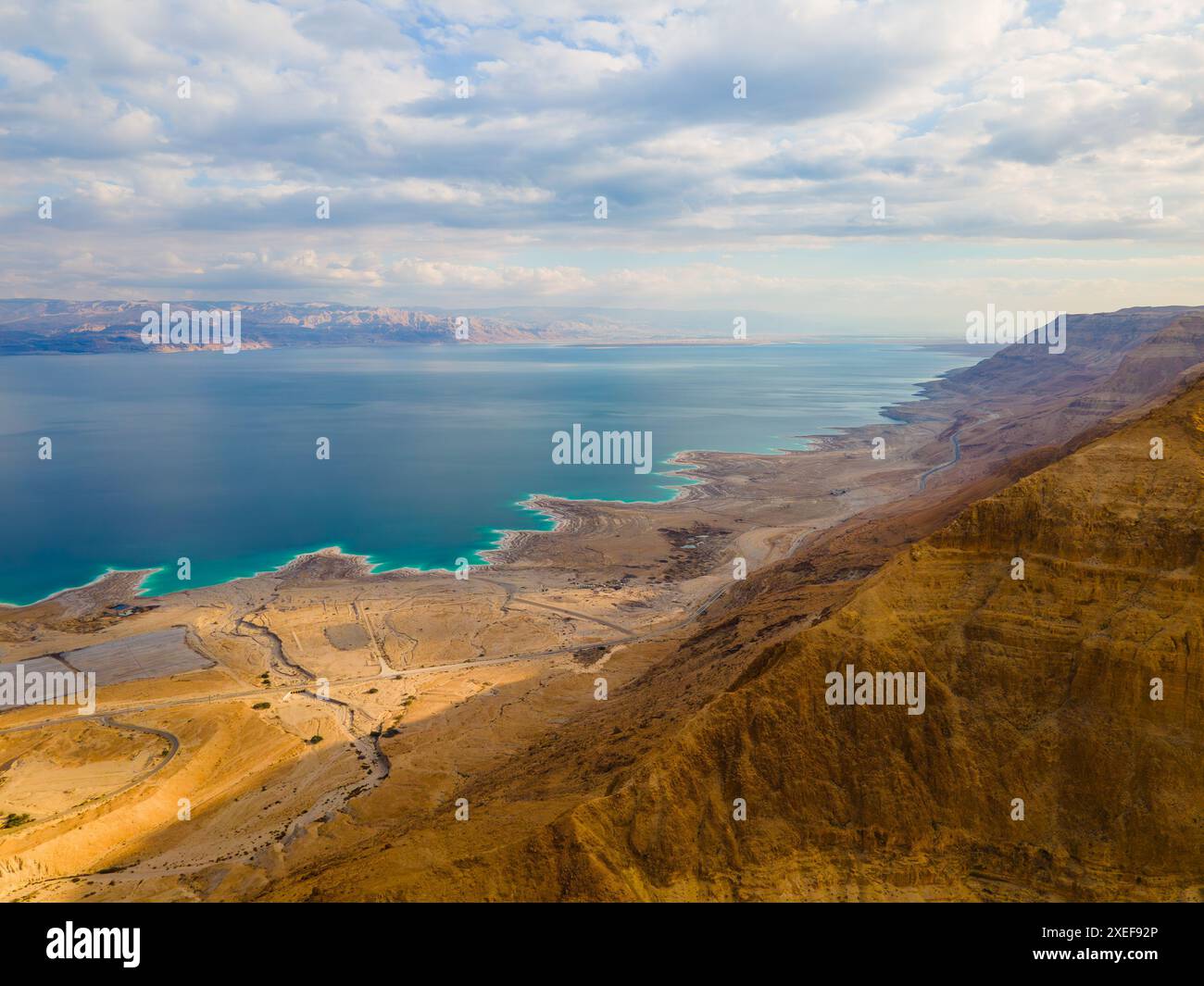 An aerial stunning view of the Dead Sea and the surrounding Judean ...