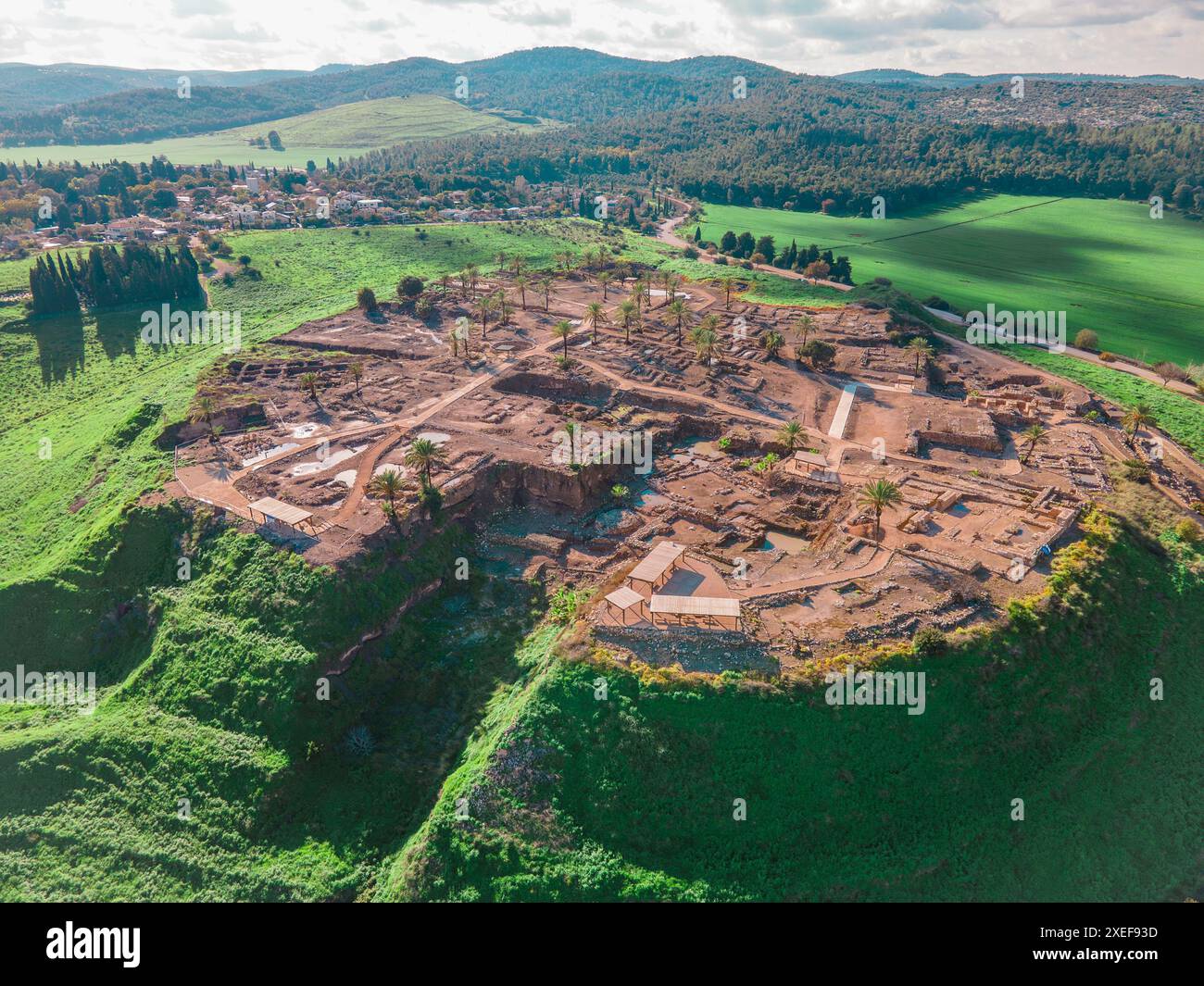 An aerial view of the scenic Tel Megiddo, the ancient Armageddon site ...