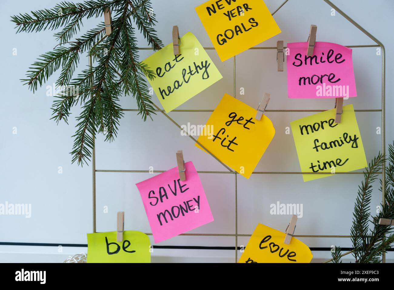 Vision board with new year resolutions aims goals on sticky notes ...
