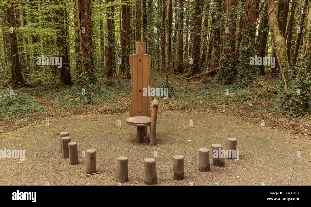 Curved seating area in a forest made of tree stumps and suitable to use ...