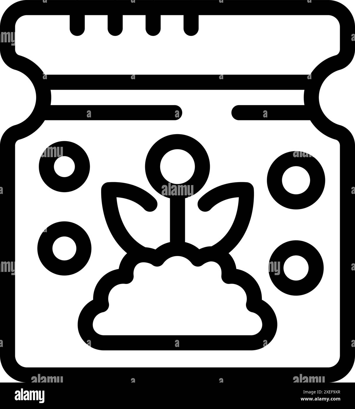 Line drawing of a seed packet containing a flower growing in a mound of ...