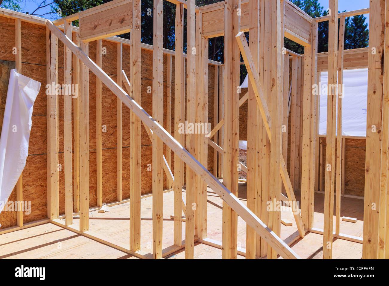 As interior of newly constructed house is unfinished, timber studs ...