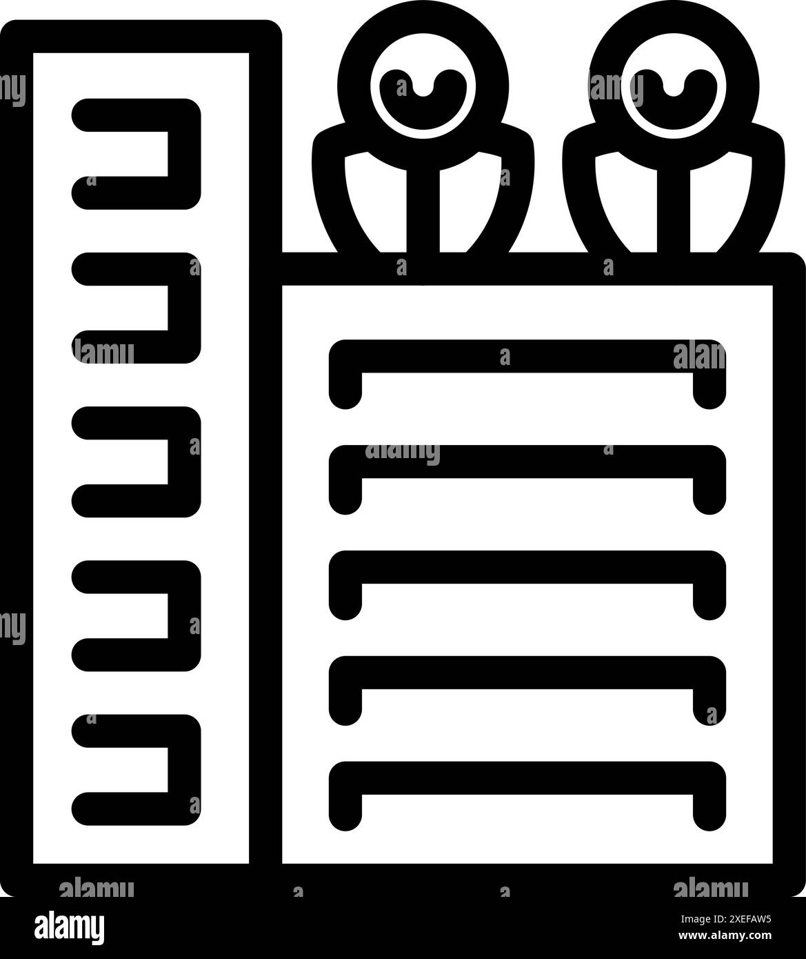 Line art icon of a data center building with two engineers standing on ...