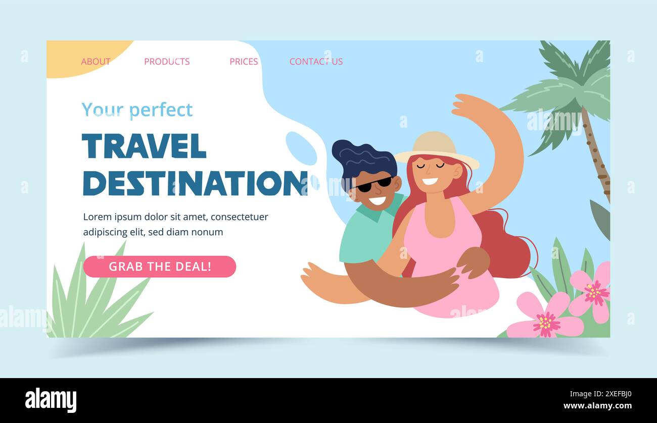 Travel destinations summer landing page. Happy couple smiling for a ...