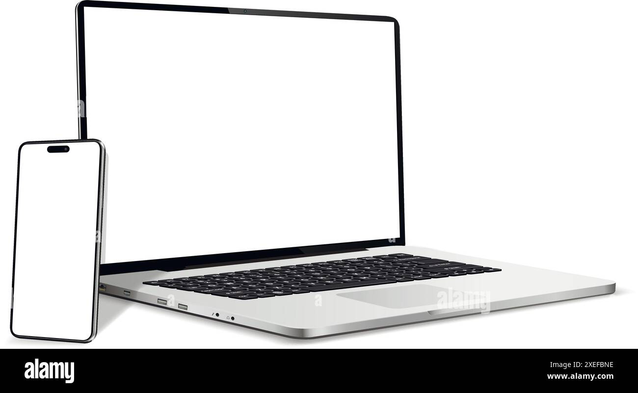 Realistic laptop computer screen with phone mockup. Laptop computer and ...