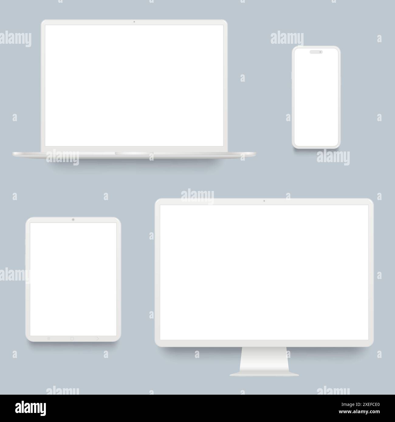 Realistic clean white devices mockup set with blank screen. Desktop ...