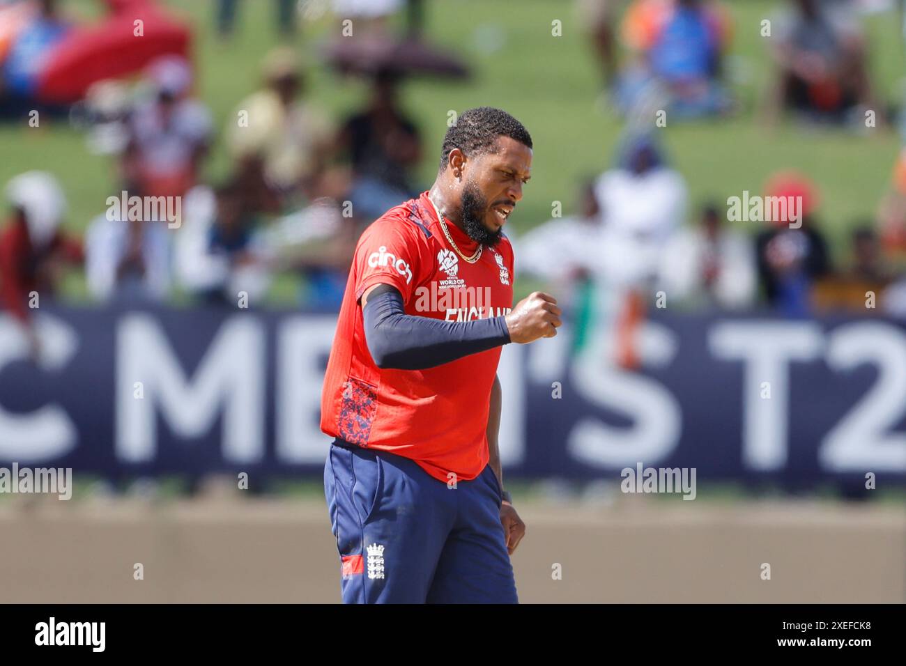 England's Chris Jordan celebrates after taking the wicket of India's ...