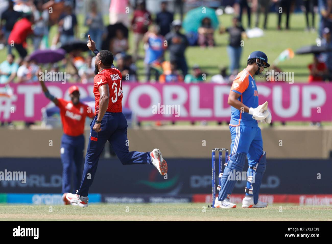 England's Chris Jordan celebrates India's Shivam Dube during the 2024 ...