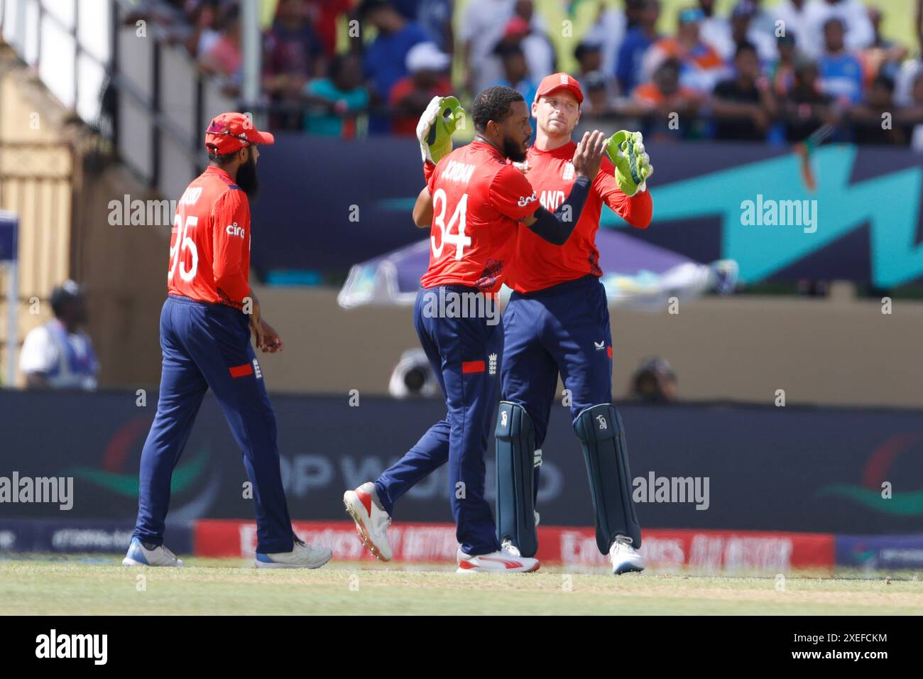 England's Chris Jordan celebrates India's Shivam Dube during the 2024 ...
