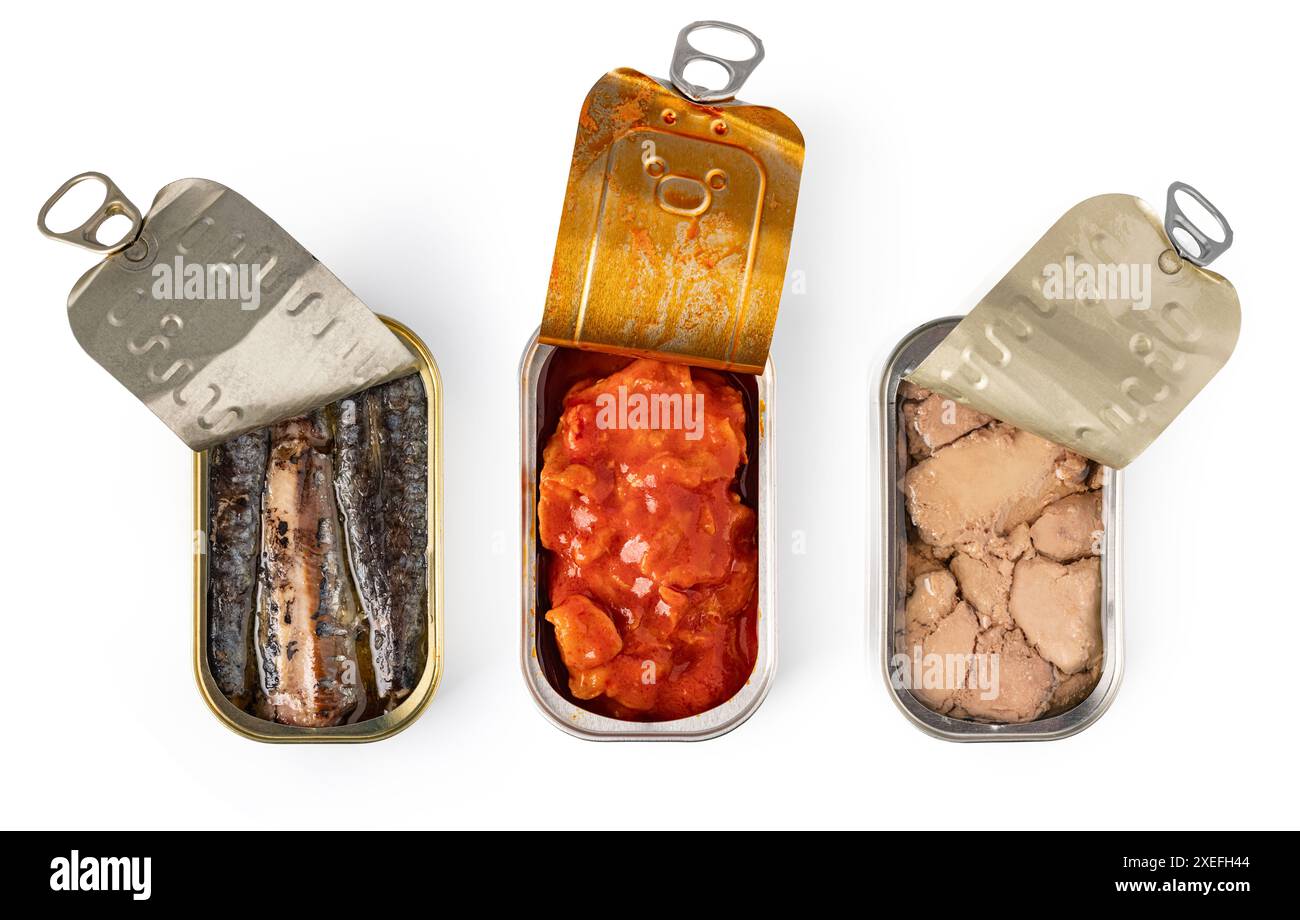 Canned with different types of fish and seafood Stock Photo - Alamy