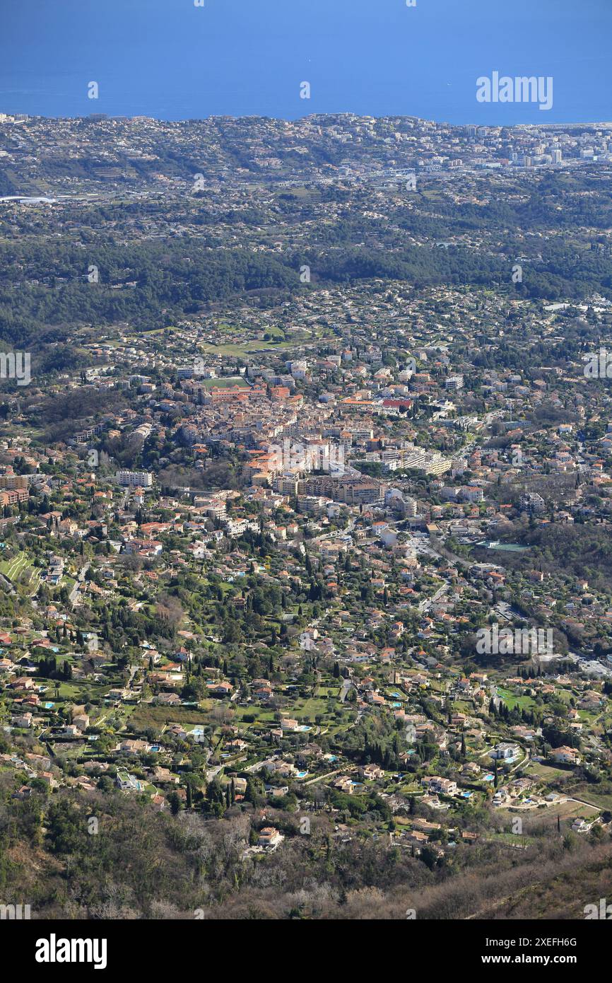 Top view above the French Riviera. The city of Vence with the sea in ...