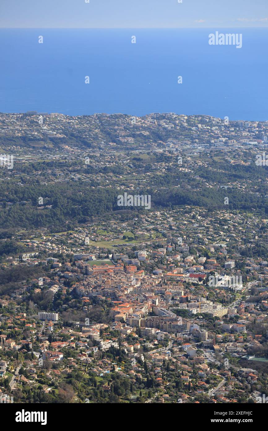 Top view above the French Riviera. The city of Vence with the sea in ...