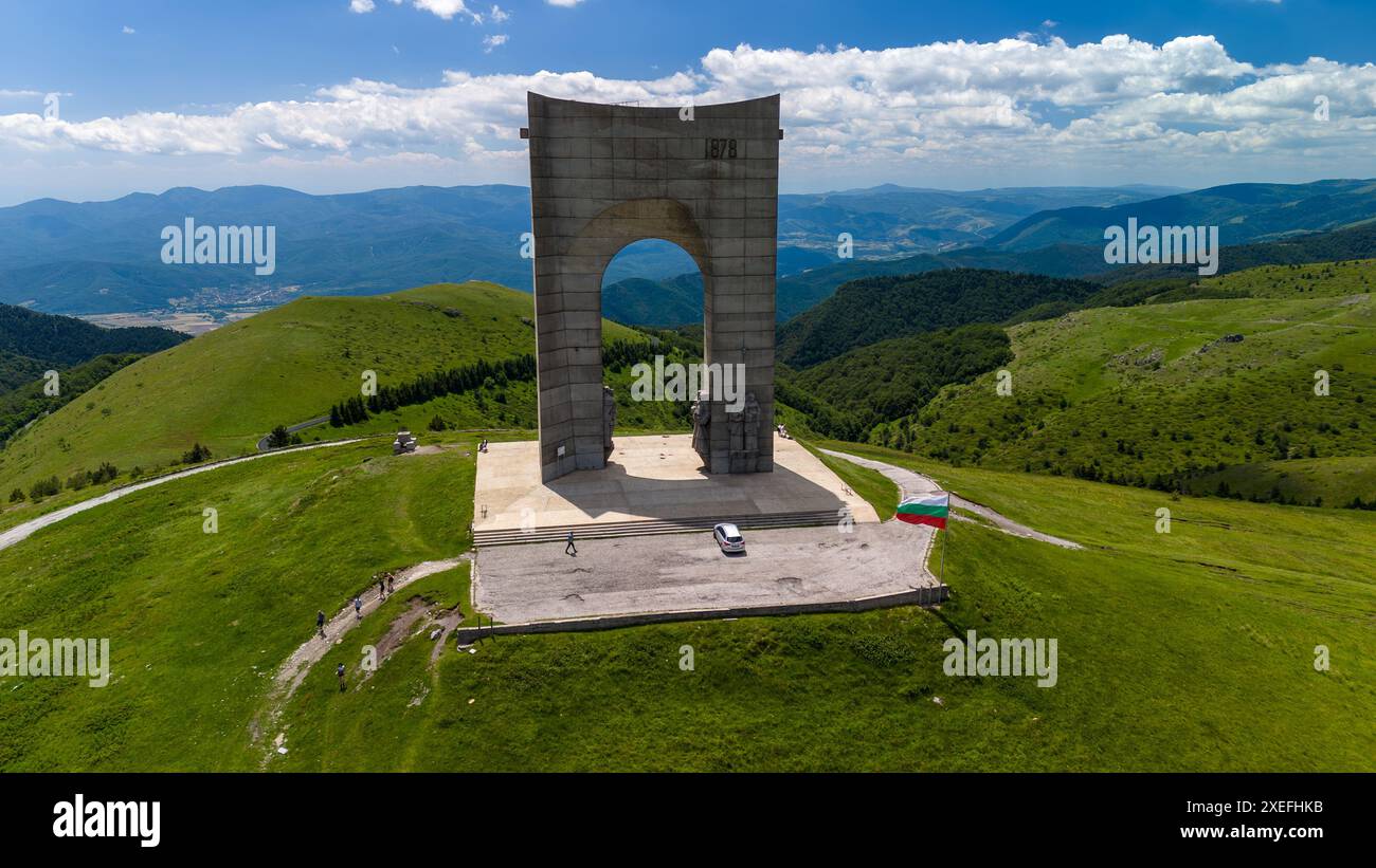 Drone view of the monument arch of freedom on shipka pass commemorating ...
