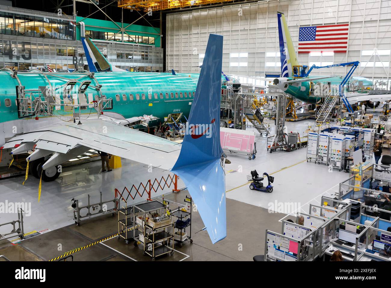 Boeing 737 MAX airplanes are shown on the assembly line during a brief ...