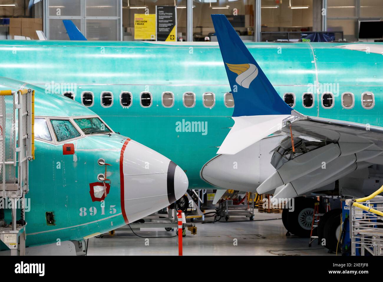 Boeing 737 MAX airplanes are shown on the assembly line during a brief ...