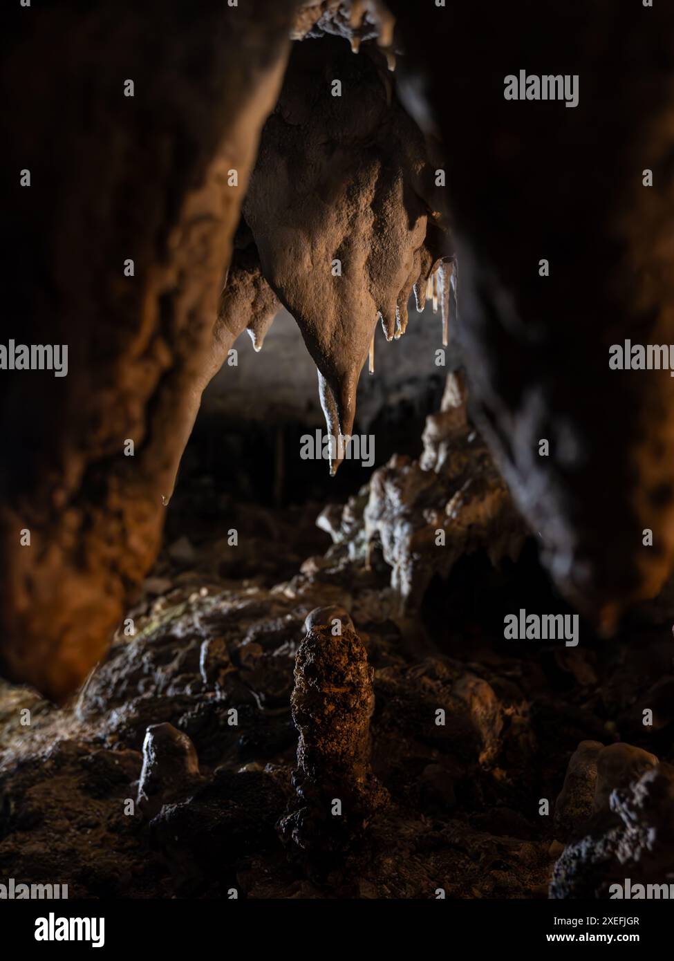 Large stalactite illuminated by off-camera light hangs from the ceiling ...