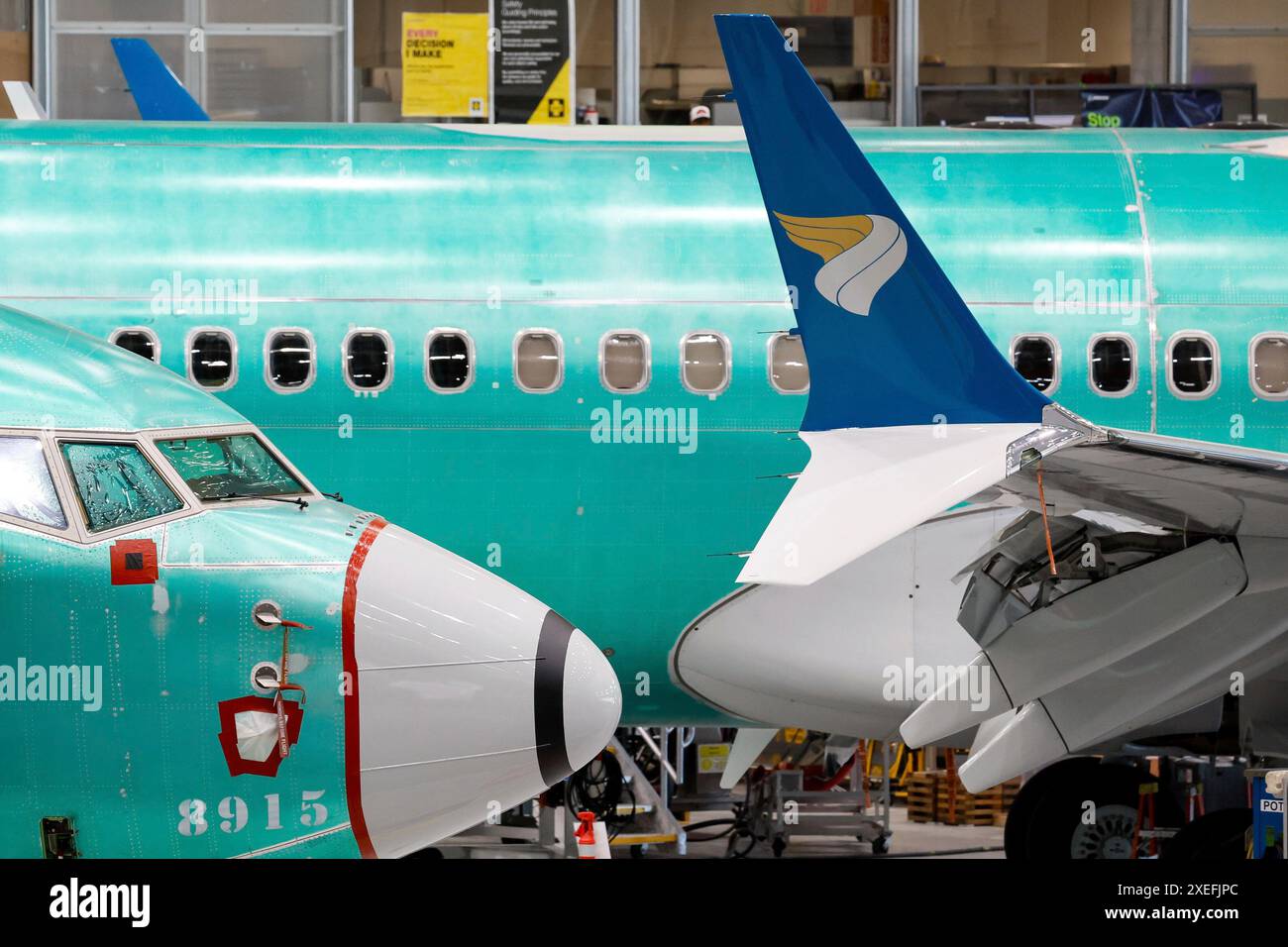 Boeing 737 MAX airplanes are shown on the assembly line during a brief ...