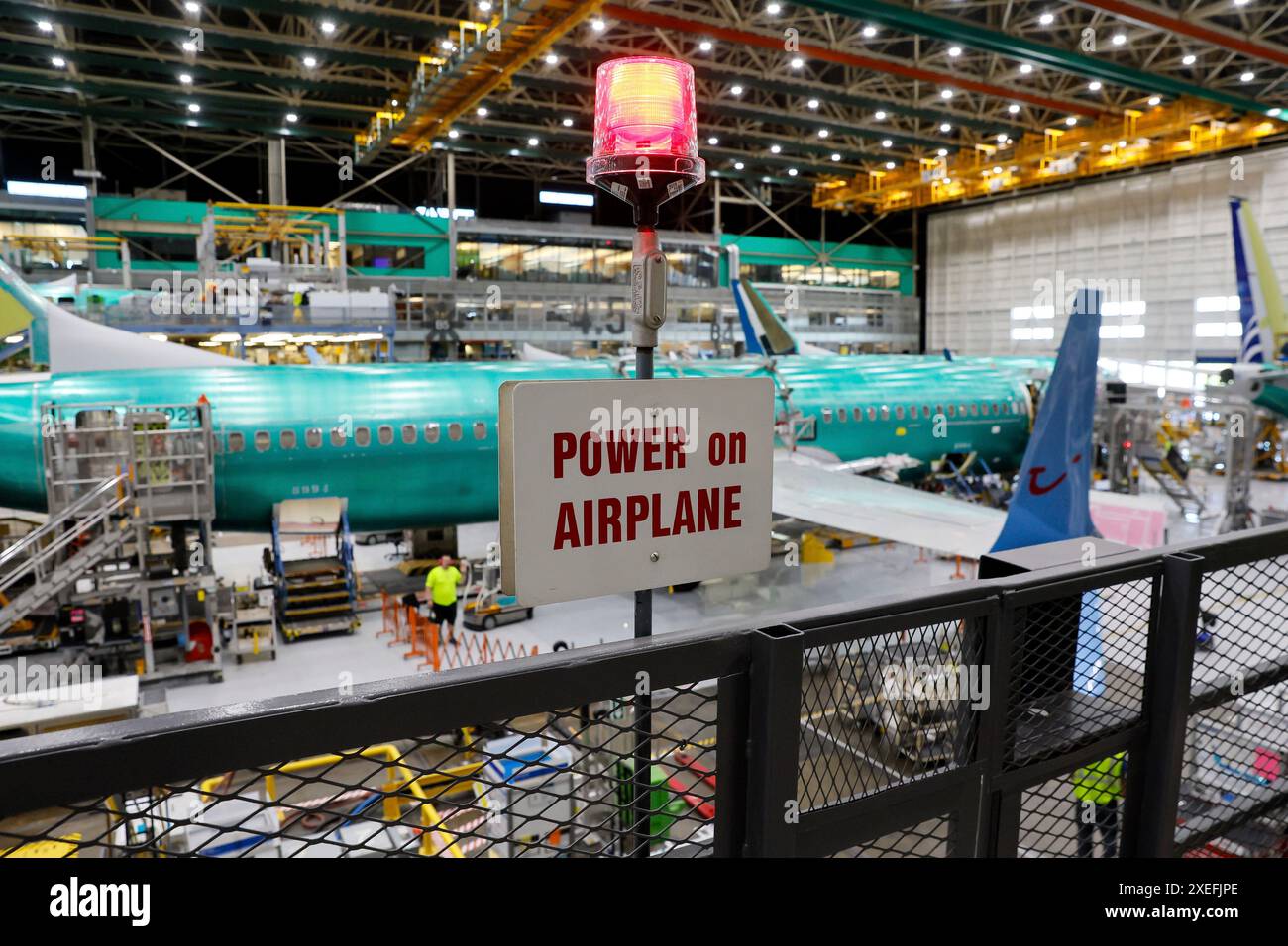 Boeing 737 MAX airplanes are shown on the assembly line during a brief ...