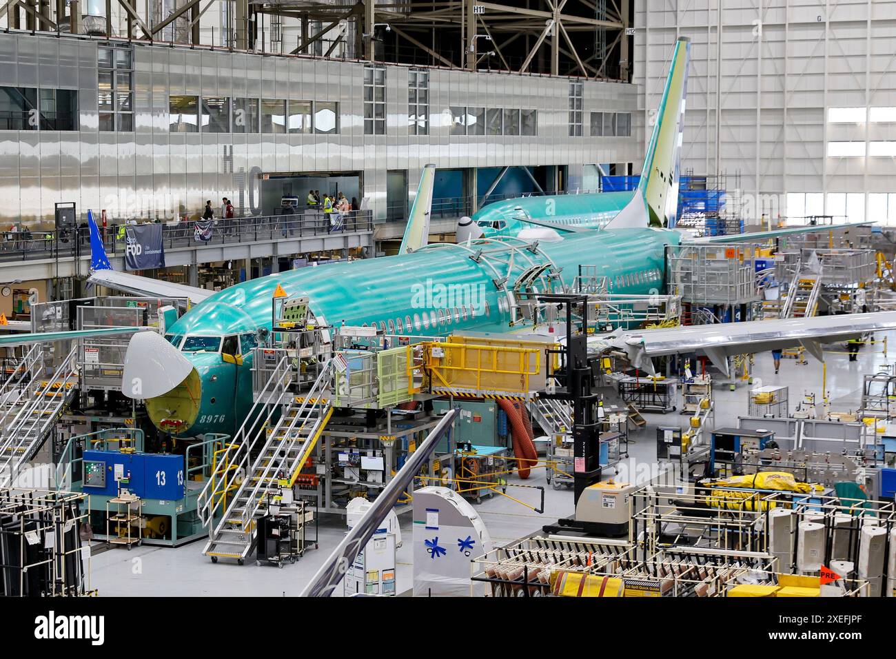 Boeing 737 MAX airplanes are shown on the assembly line during a brief ...