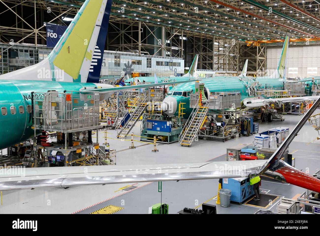 Boeing 737 MAX airplanes are shown on the assembly line during a brief ...