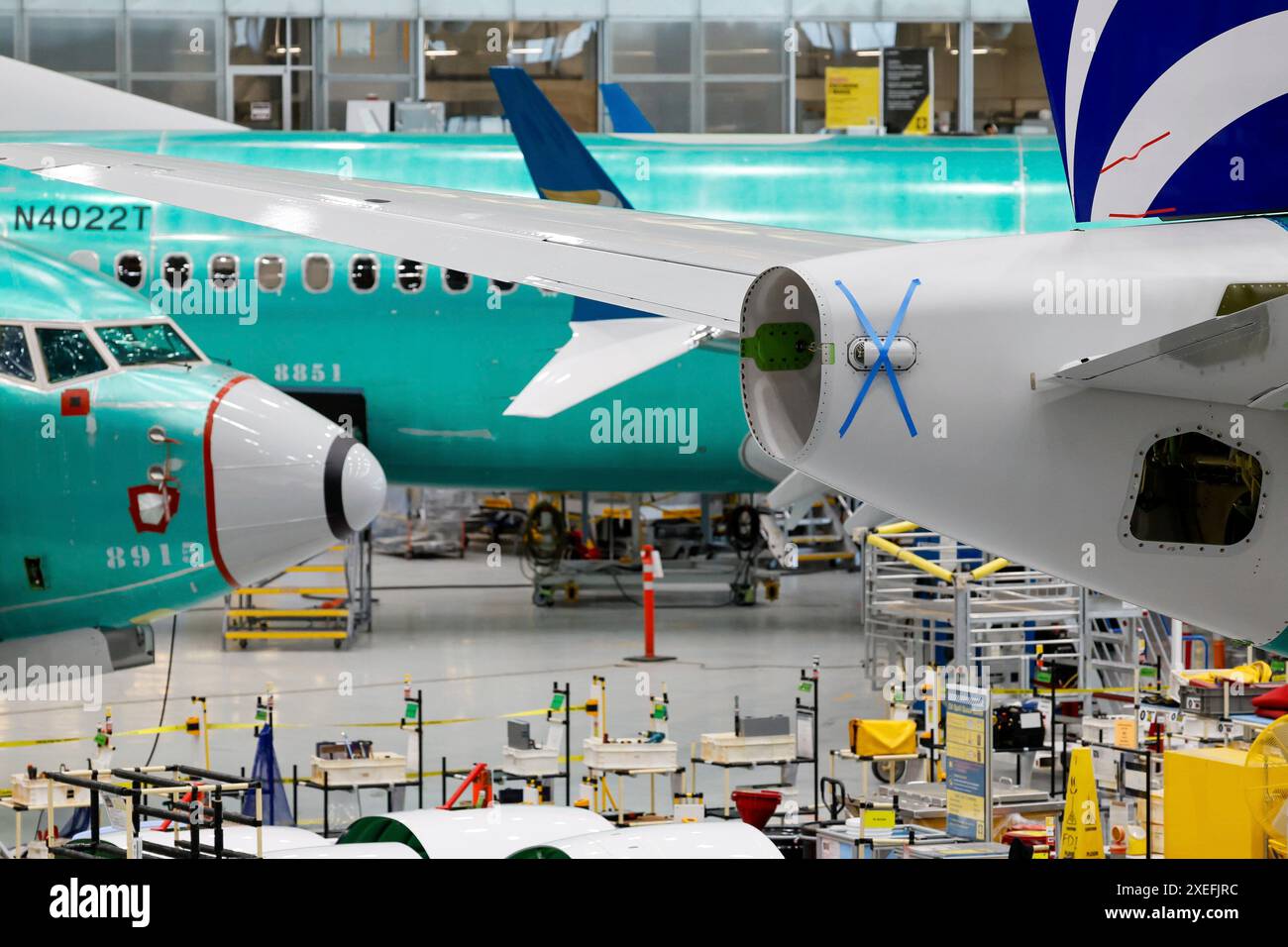 Boeing 737 MAX airplanes are shown on the assembly line during a brief ...