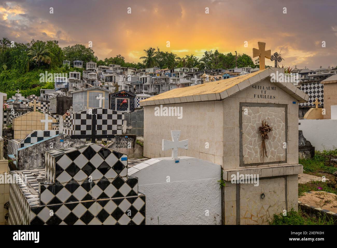 Cemetery, mausoleums decorated with tiles in black and white. CimetiÃ ...