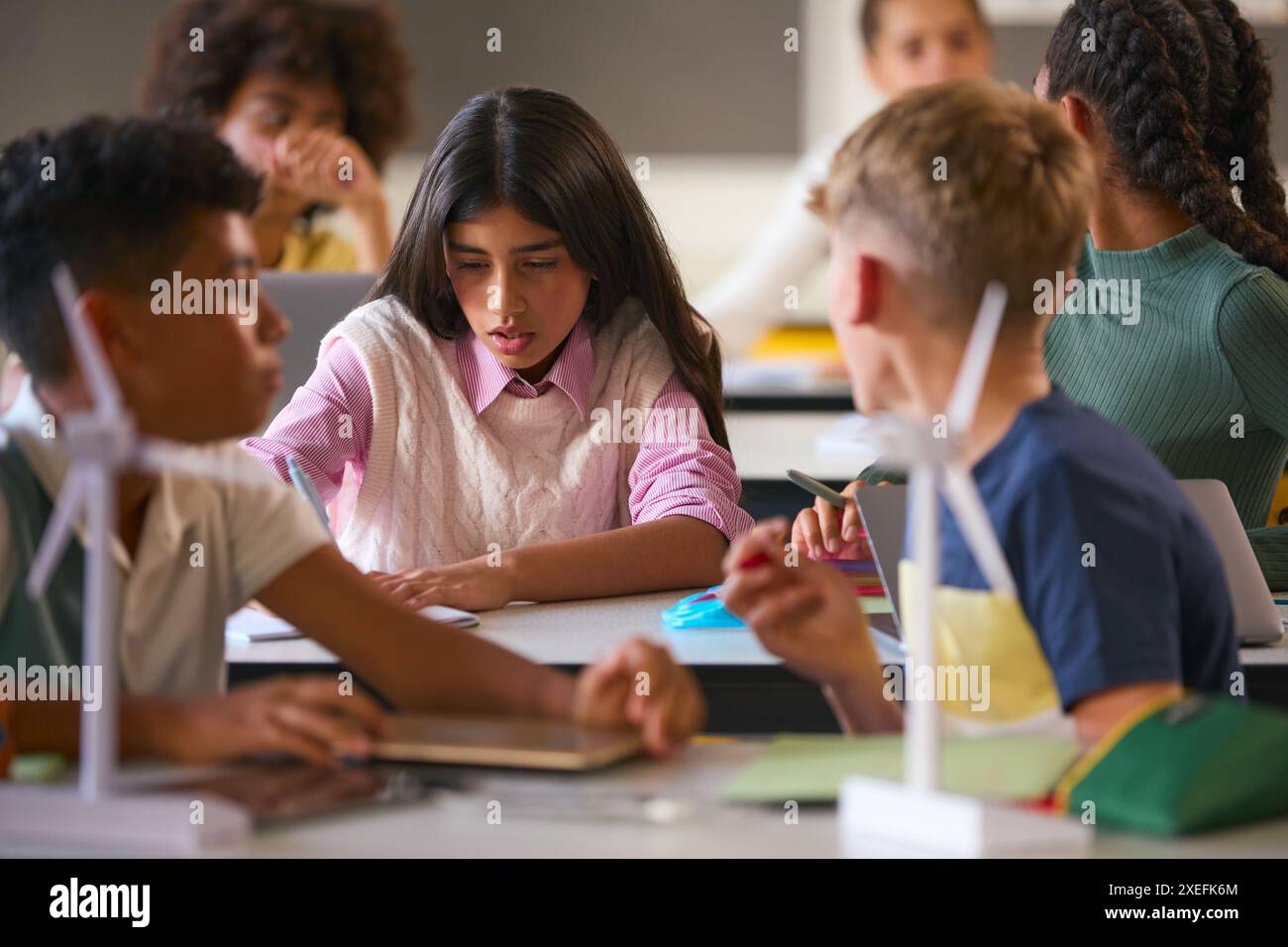 Secondary Or High School Students Studying Wind Turbines In Science ...