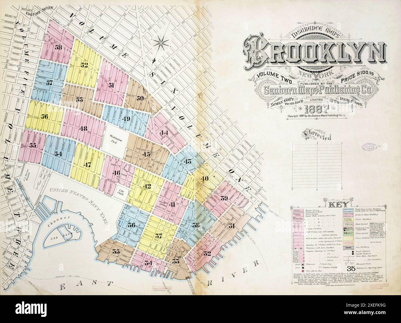 Vintage 1887 Brooklyn map with color-coded sections with detailing of ...