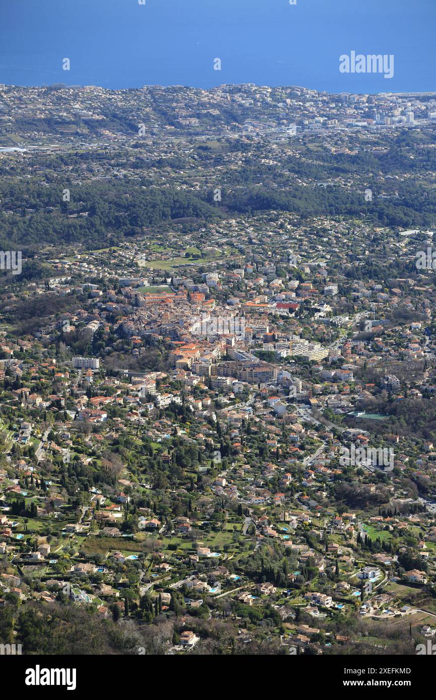 Top view above the French Riviera. The city of Vence with the sea in ...