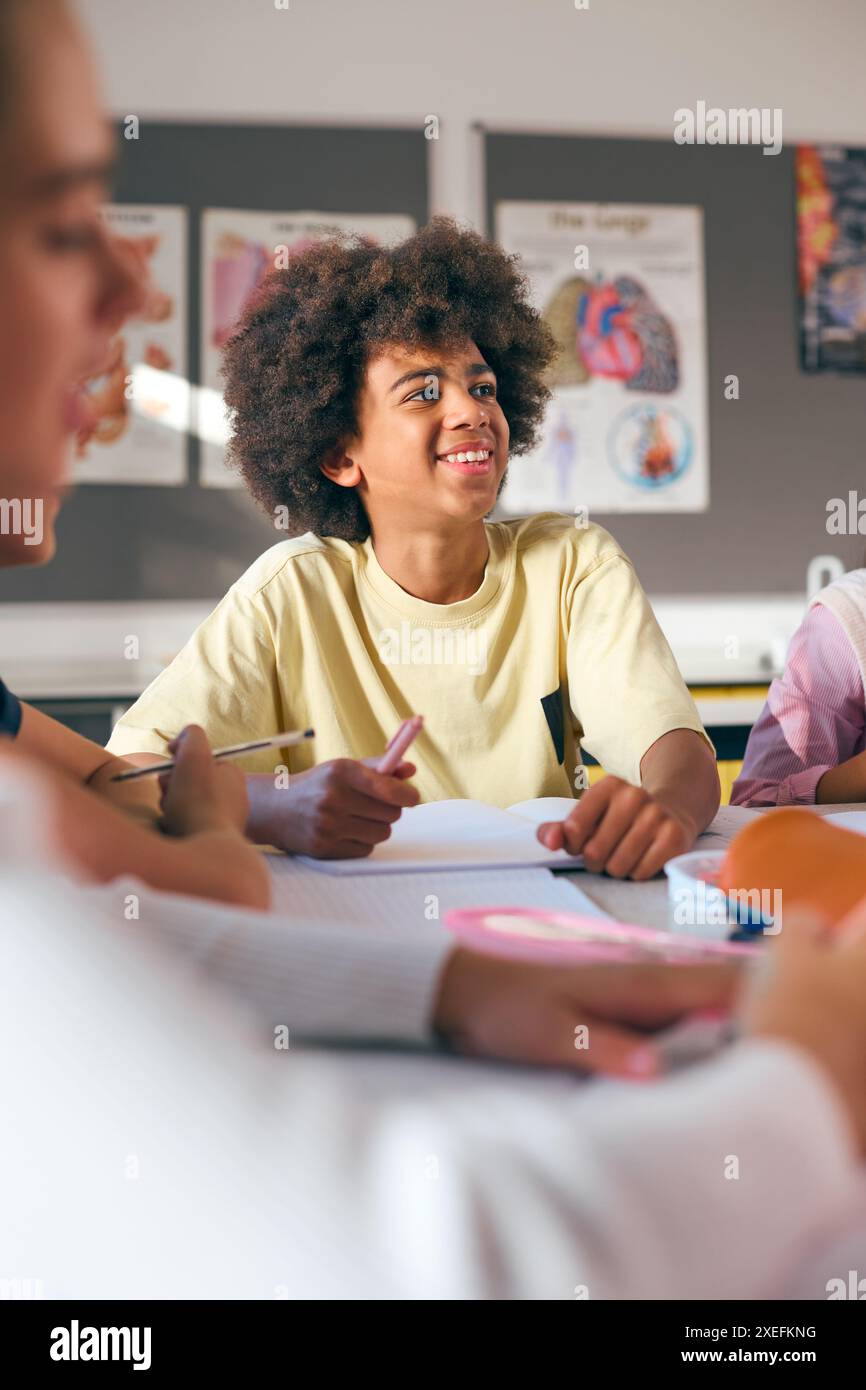 Secondary Or High School Students Sitting Around Table In Science Class ...