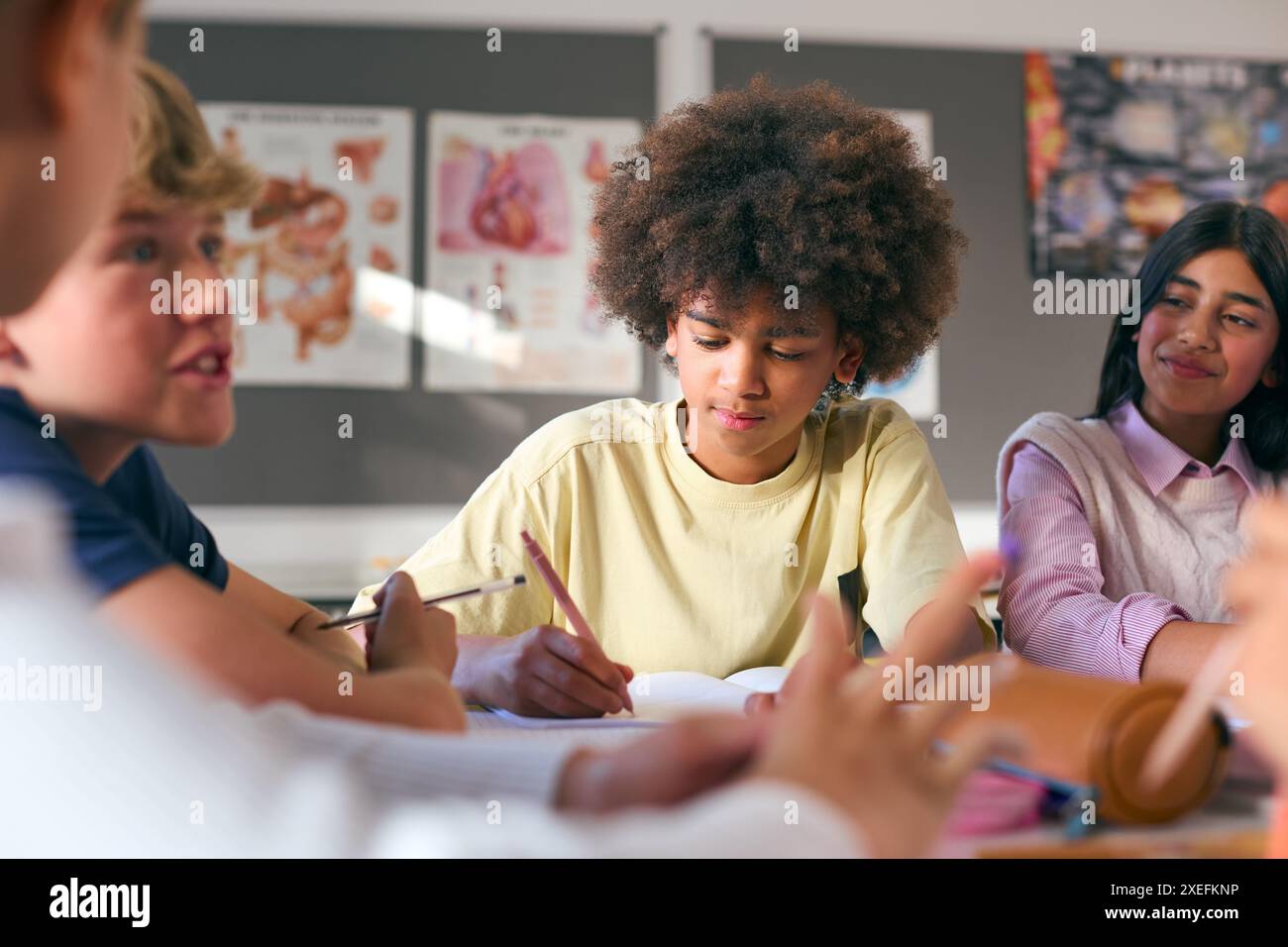 Secondary Or High School Students Sitting Around Table In Science Class ...