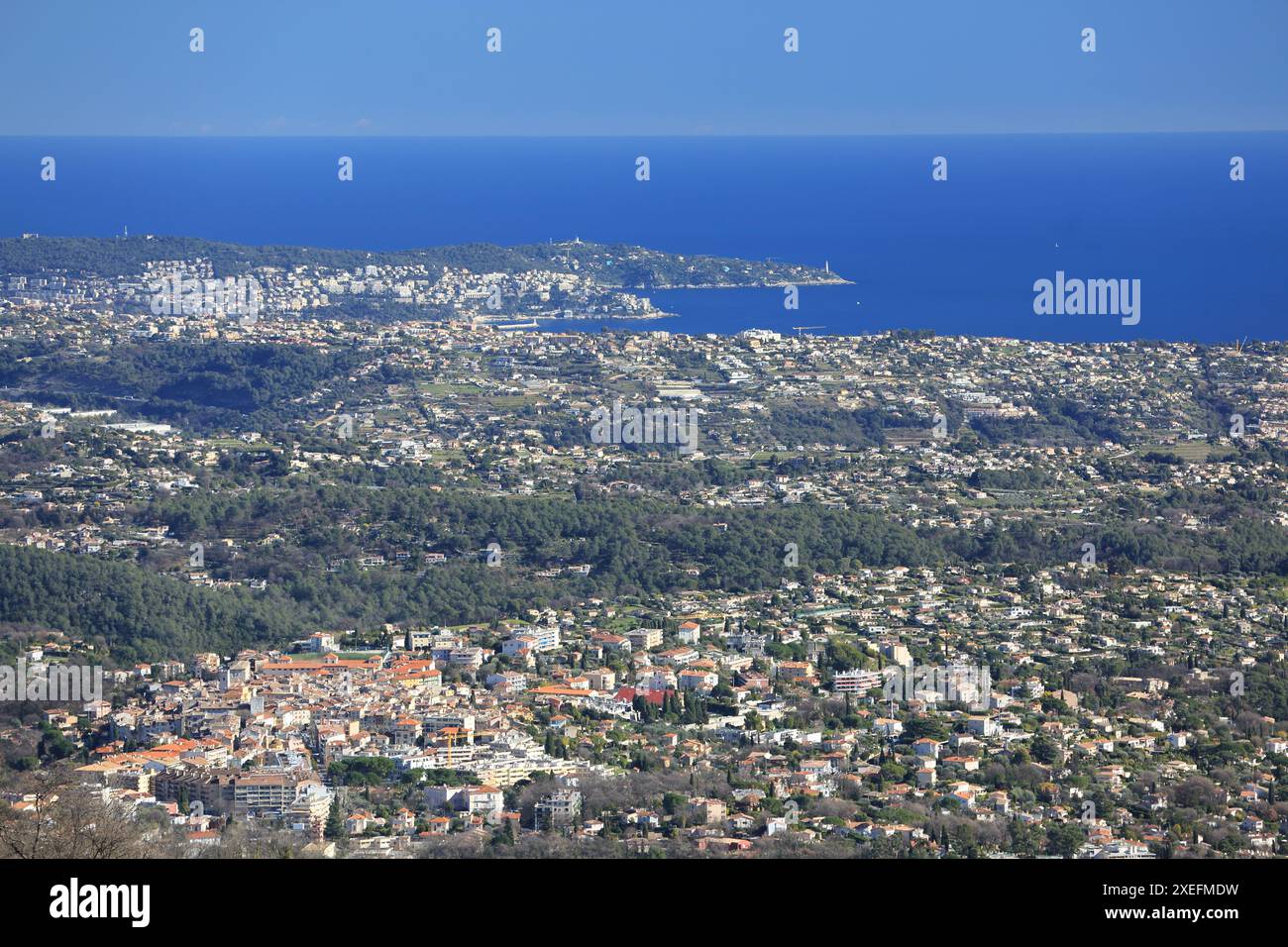 Top view above the French Riviera. The city of Vence with the sea in ...