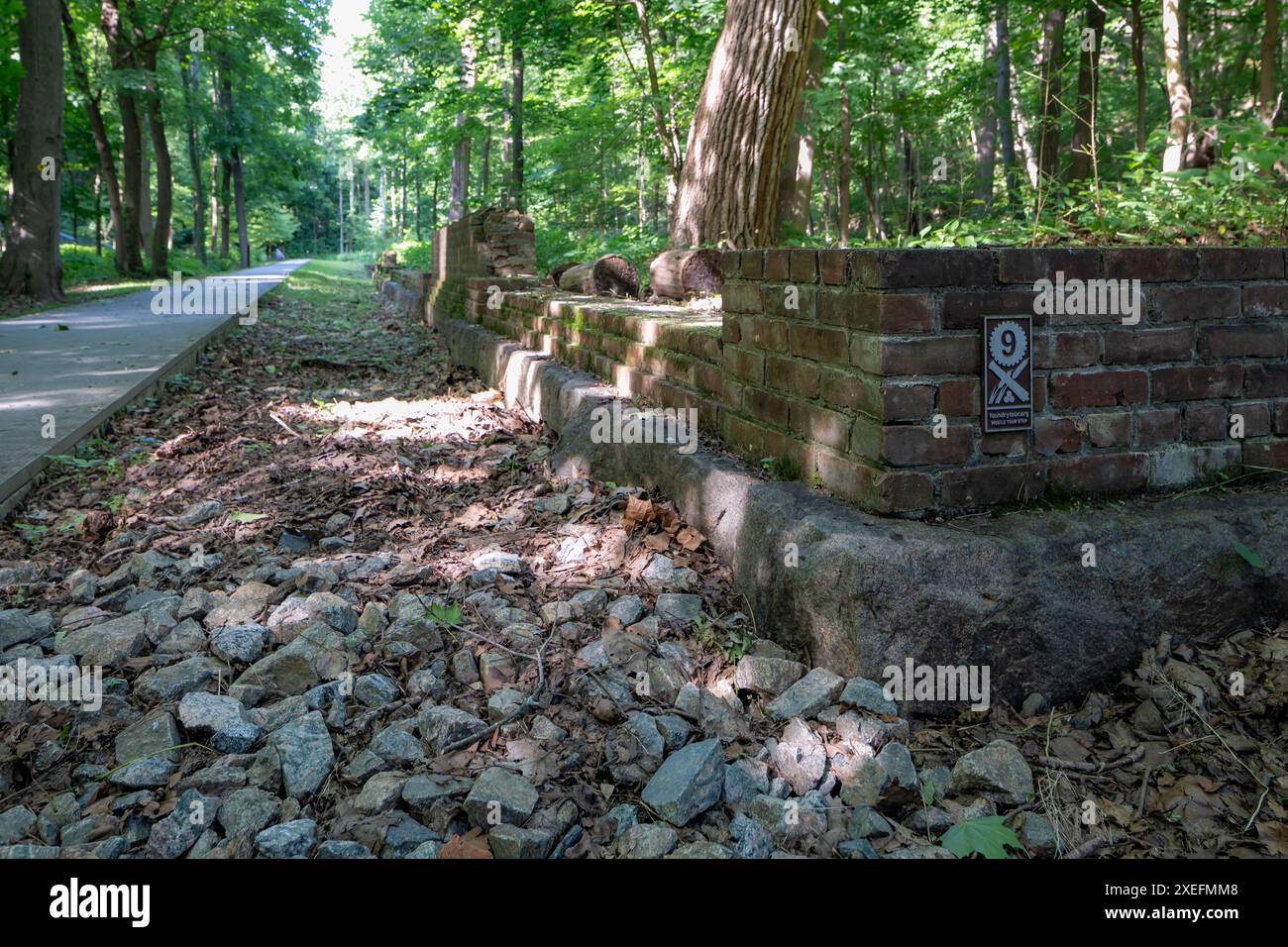 Cold Spring, NY, USA - 06-25-2024: Old brick building foundation within ...