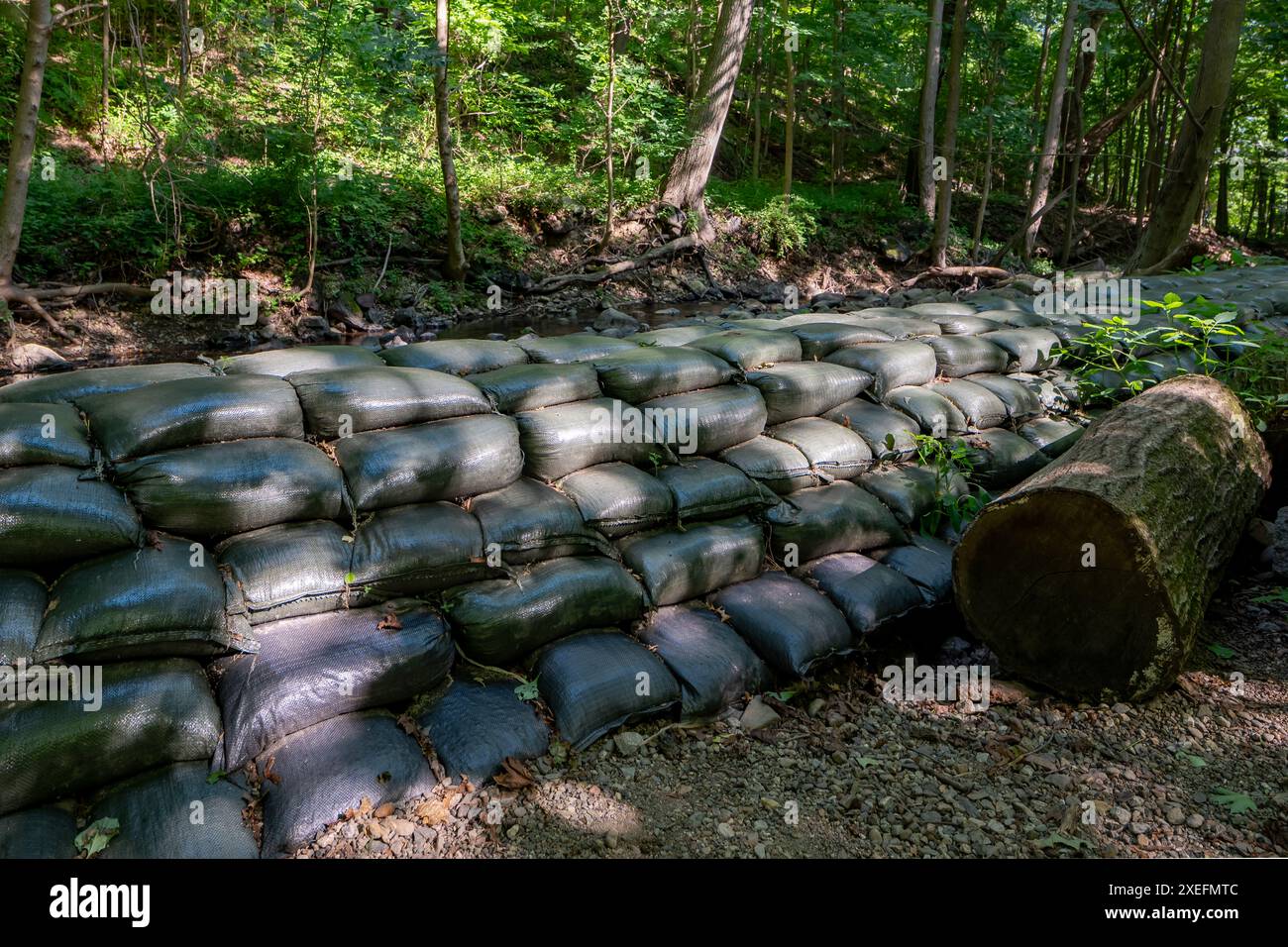 Green nylon sandbags stacked up along a dry stream bed Stock Photo - Alamy